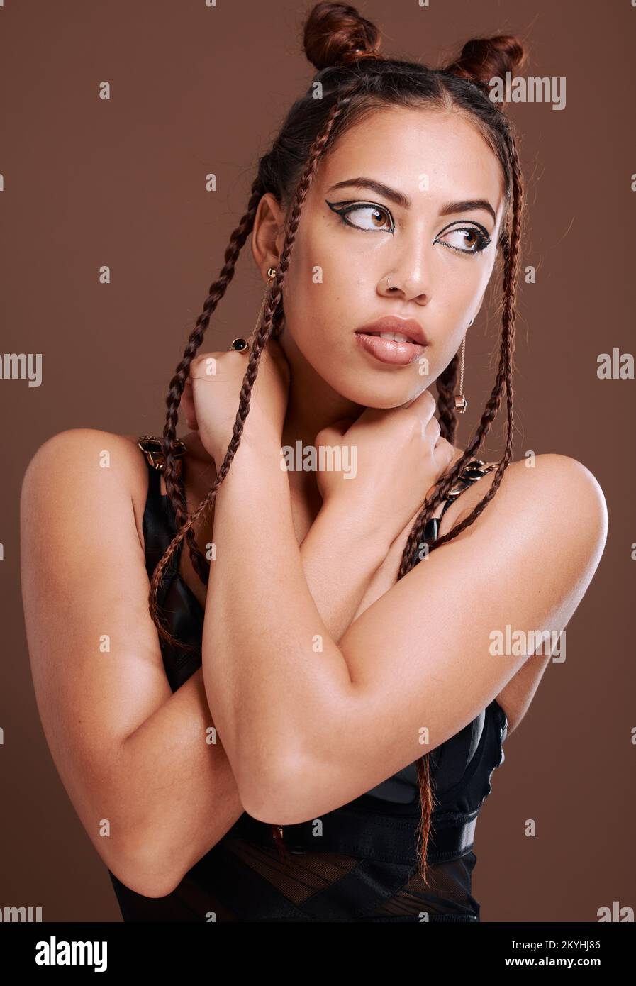 Makeup, hair and fashion model with creative eyeliner design for ...