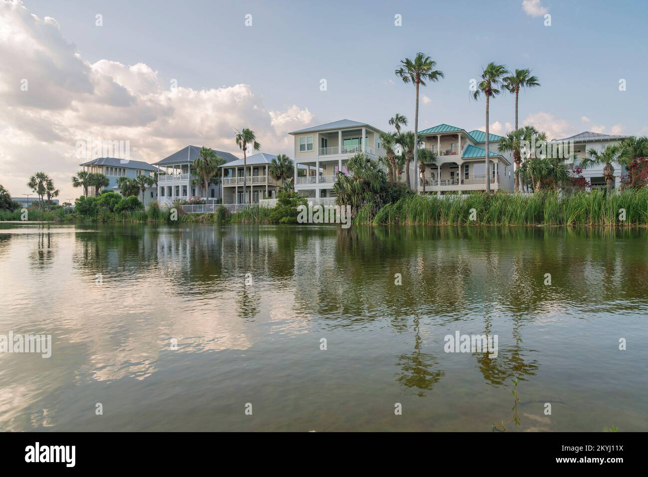 Destin, Florida- Row of houses with terraces with lakefront view. There ...