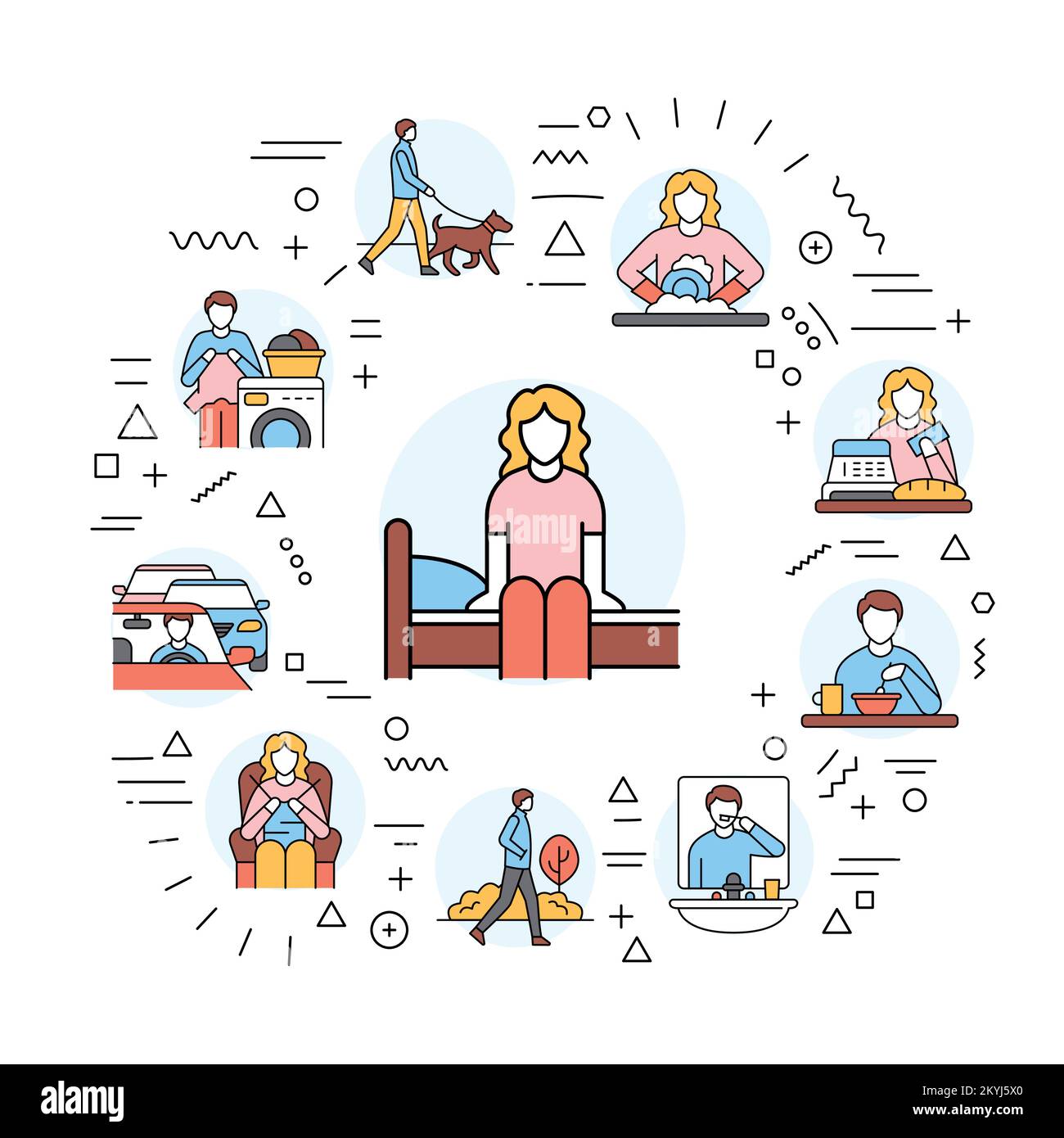Everyday routine web banner. Infographics with linear icons on white ...