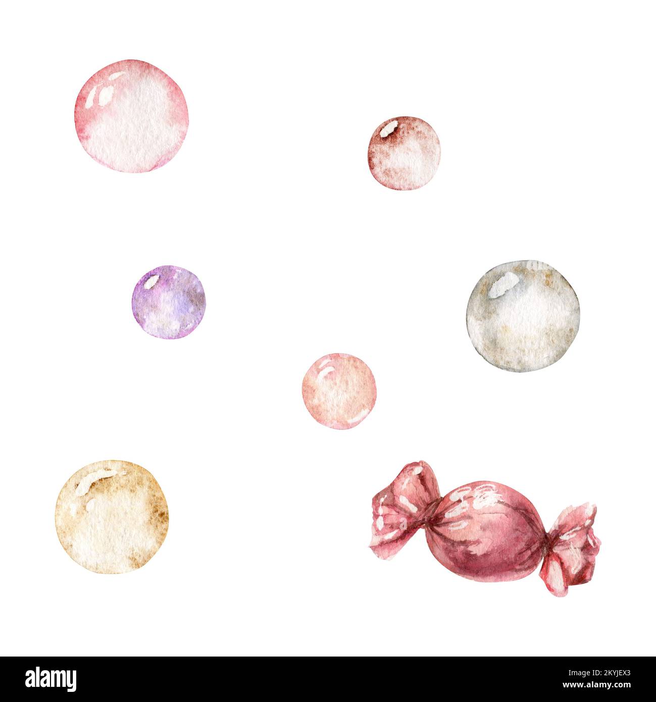 Watercolor hand drawn set of objects, pastel color bubbles and red ...