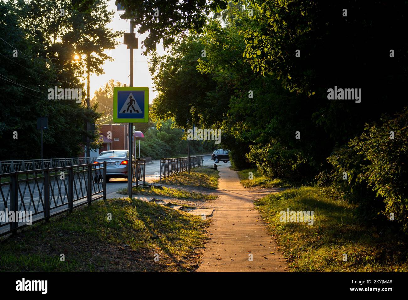 Pedestrian crossing sign near the road with a metal fence on a city ...