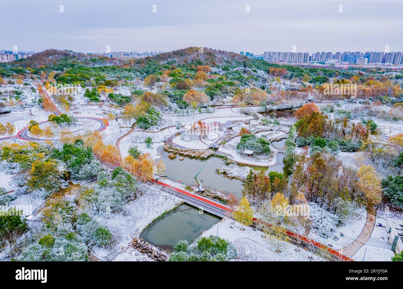 Aerial photo shows the beautiful scenery of Shenshan Park after Snow in ...