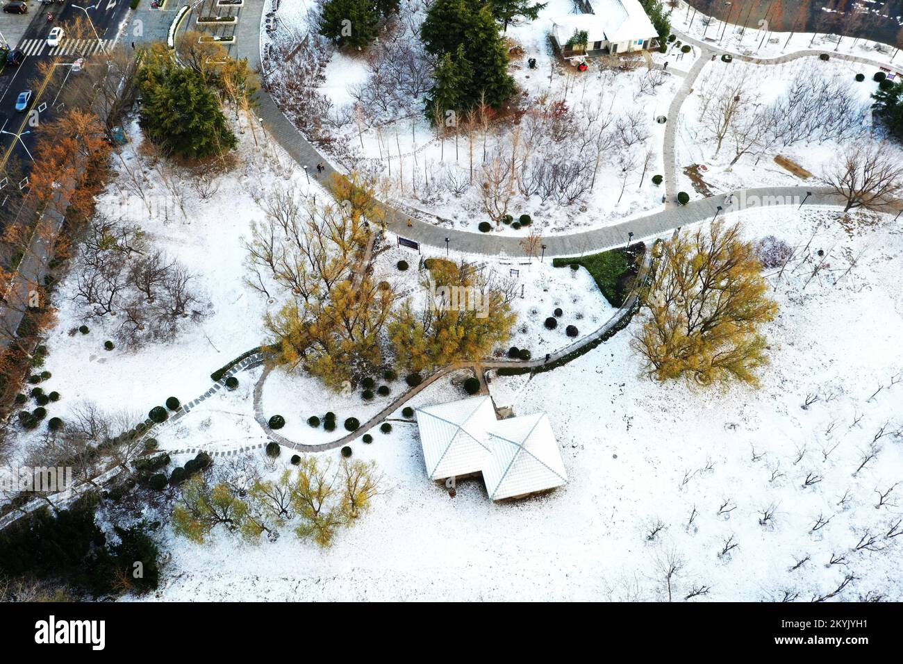 Aerial photo shows the snow scenery of Huanghailvzhou Park in Penglai ...