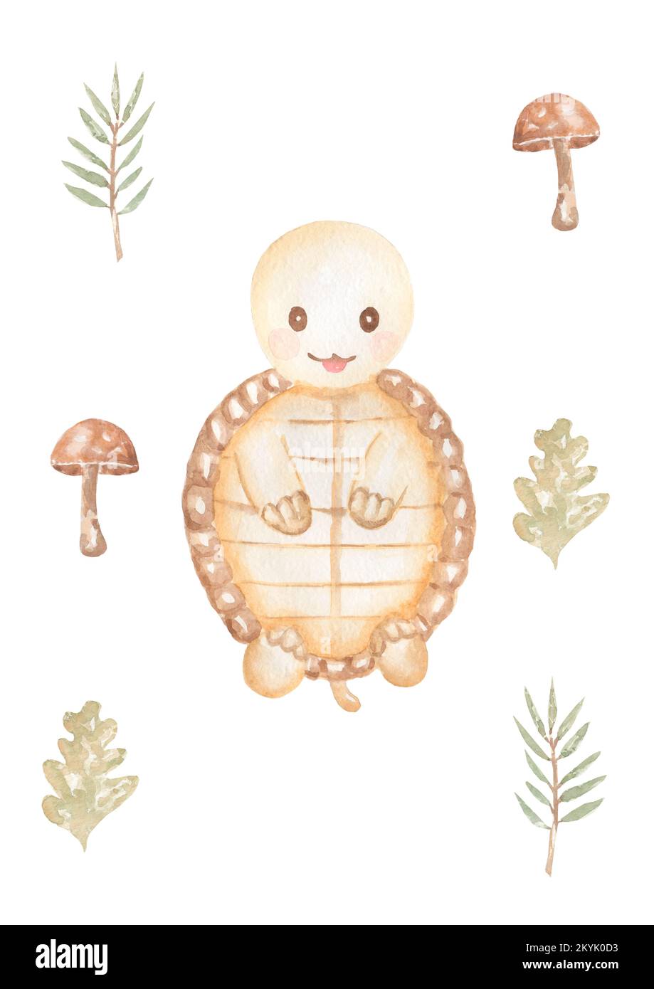 Watercolor cute forest turtle illustration, fun kids hand drawn nursery ...