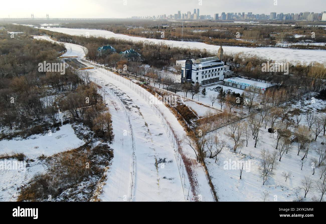 Aerial photo shows the snow scenery of Taiyang Island Scenic Area ...