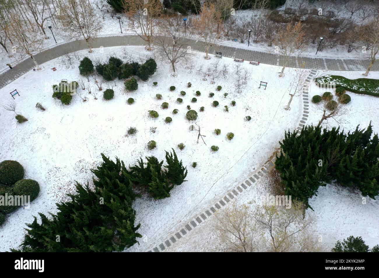 Aerial photo shows the snow scenery of Huanghailvzhou Park in Penglai ...