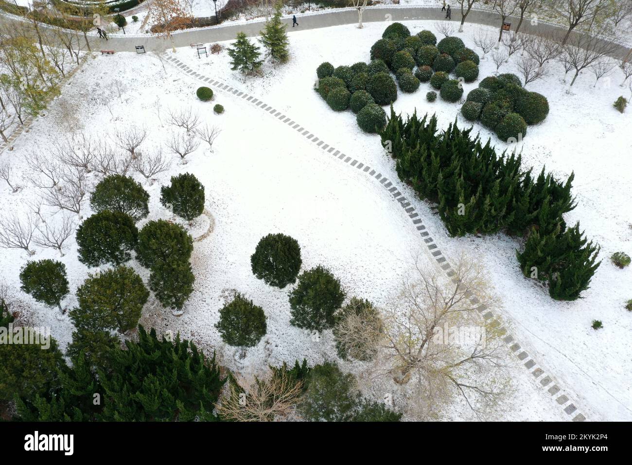 Aerial photo shows the snow scenery of Huanghailvzhou Park in Penglai ...