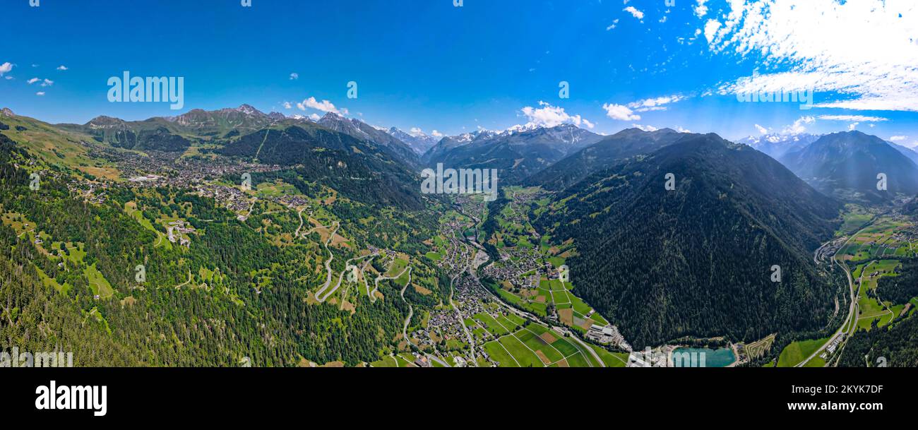 Aerial panoramic view of the Swiss Alps near Verbier in Switzerland ...
