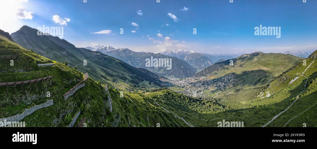 Aerial panoramic view of the Swiss Alps near Verbier in Switzerland ...
