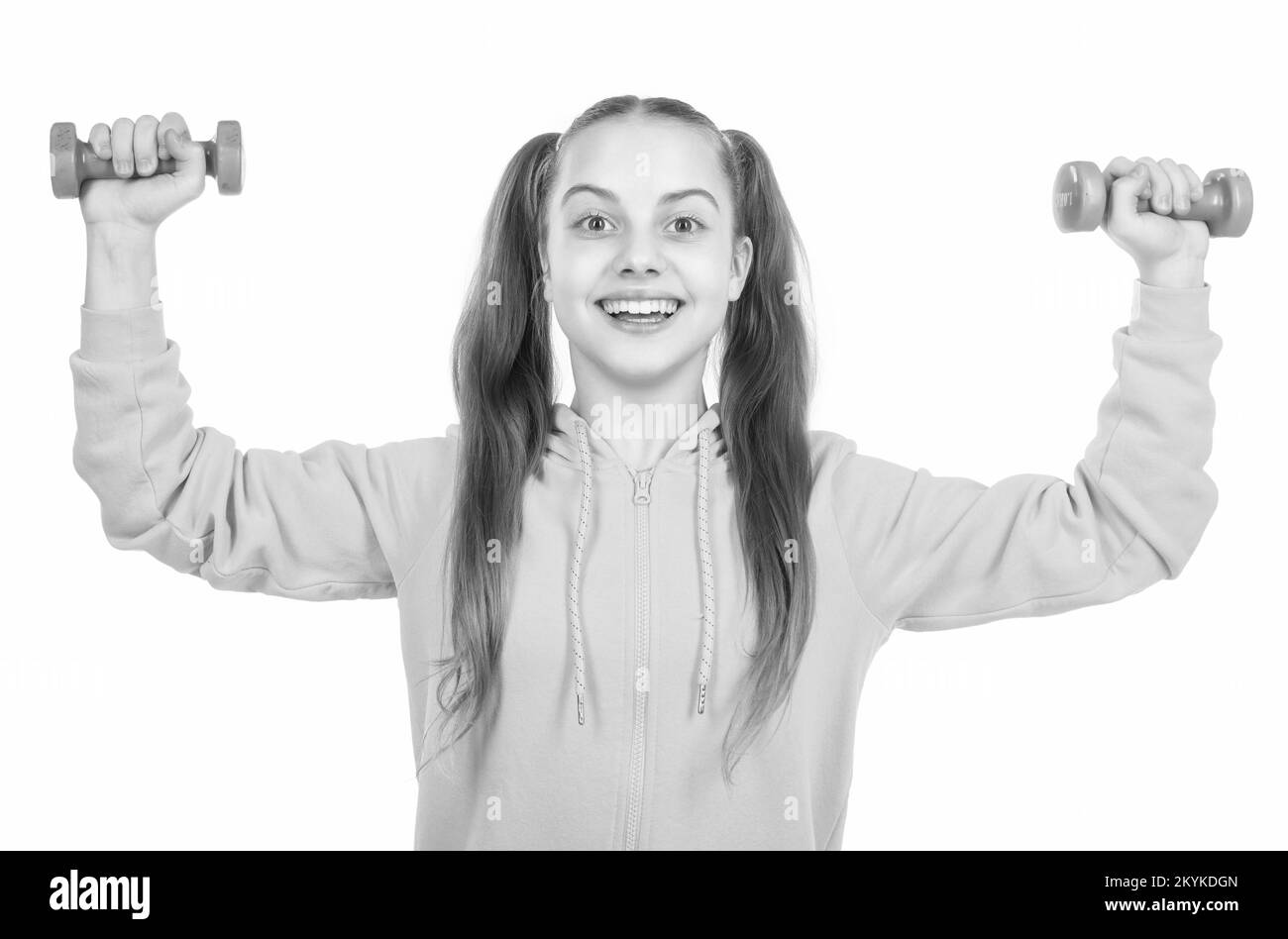 happy strong teen girl training with barbells isolated on white ...