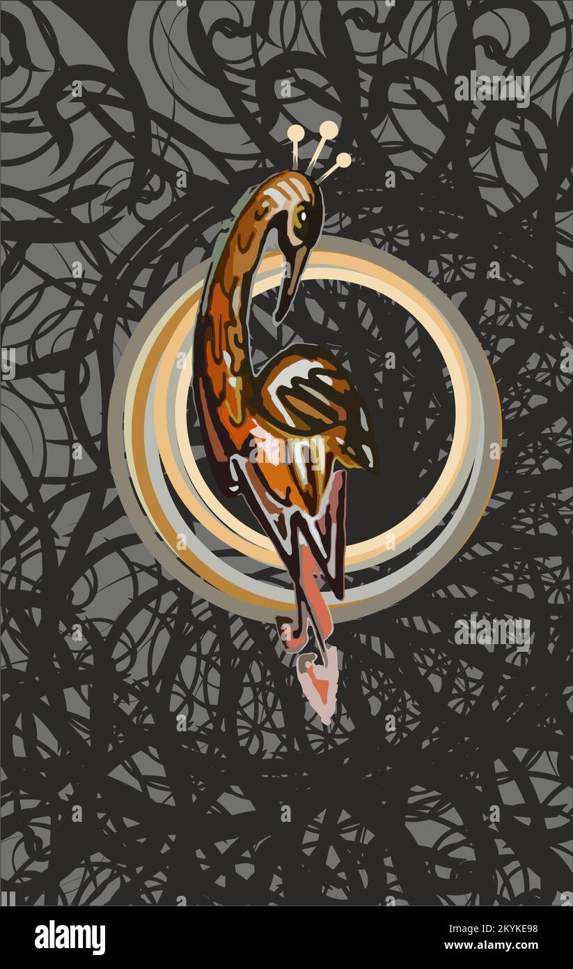 Bird in a circle isolated on black-gray floral background. Vertical ...
