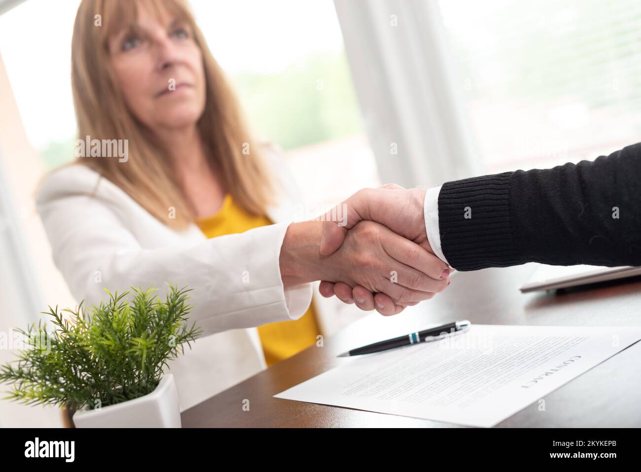 Businesswoman and businessman shaking hands (Lorem ipsum text used ...