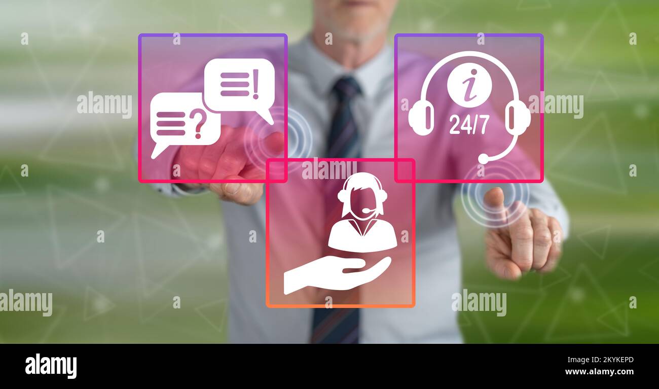 Man touching a customer service concept on a touch screen with his ...