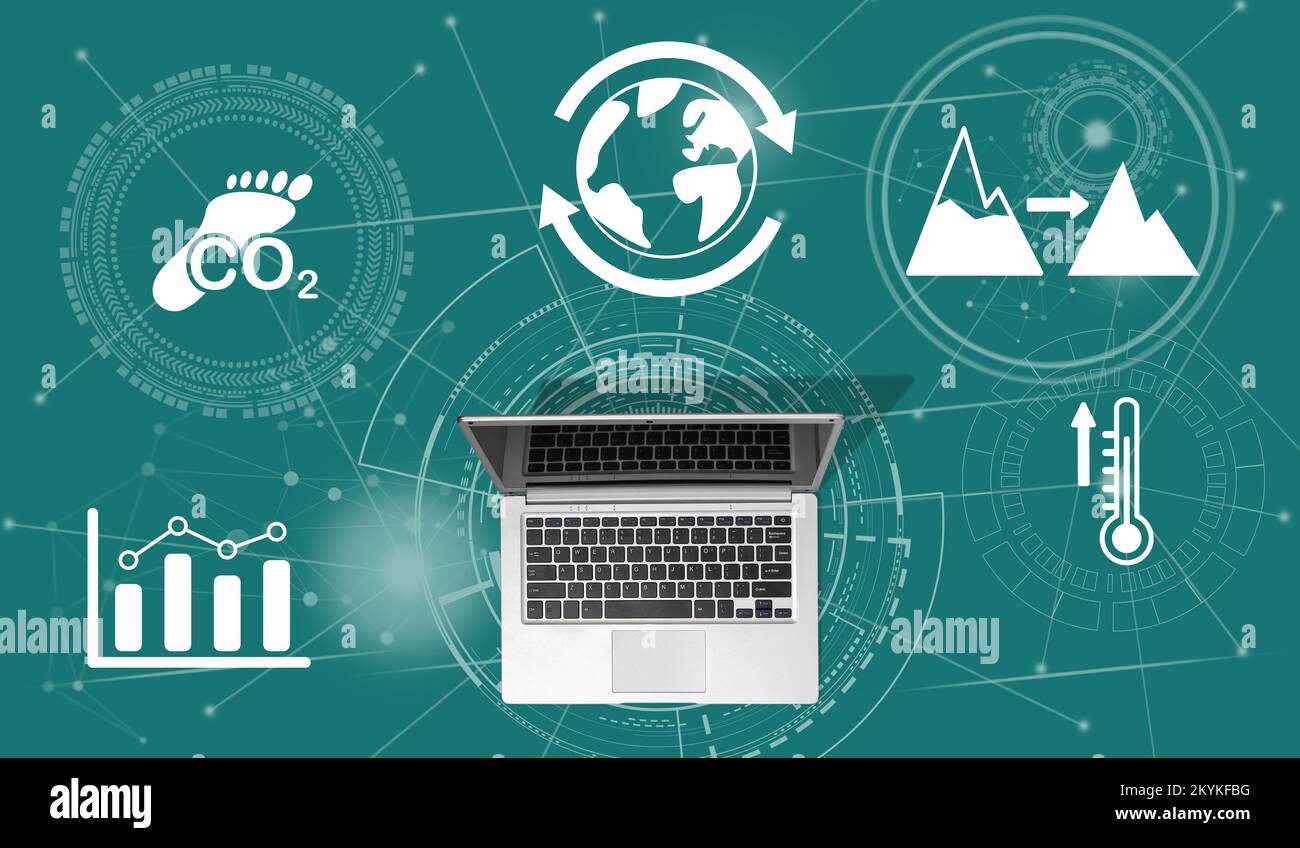 Top view of laptop with symbol of climate change concept Stock Photo ...