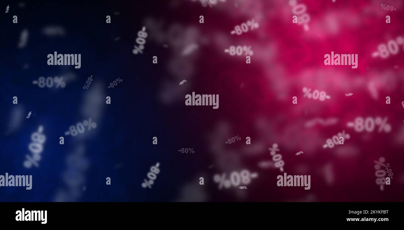 Flying -80% discount symbols over dark blue and magenta background ...