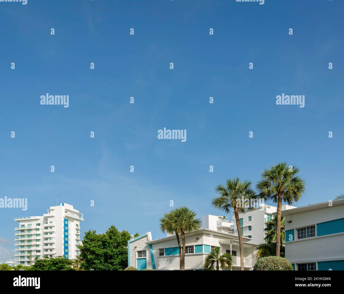 Views of white buildings with trees outdoors under the clear blue sky ...