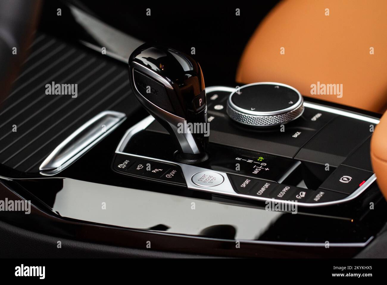 MOSCOW, RUSSIA - FEBRUARY 05, 2022 The BMW idrive console. Central ...