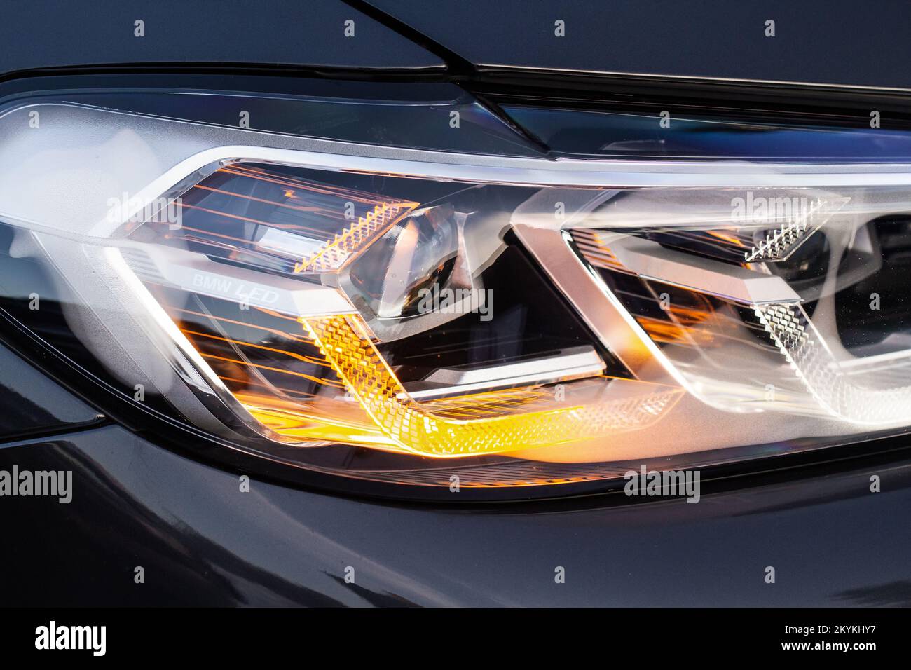 MOSCOW, RUSSIA - FEBRUARY 05, 2022 BMW X3 model turn signal. Car turn ...