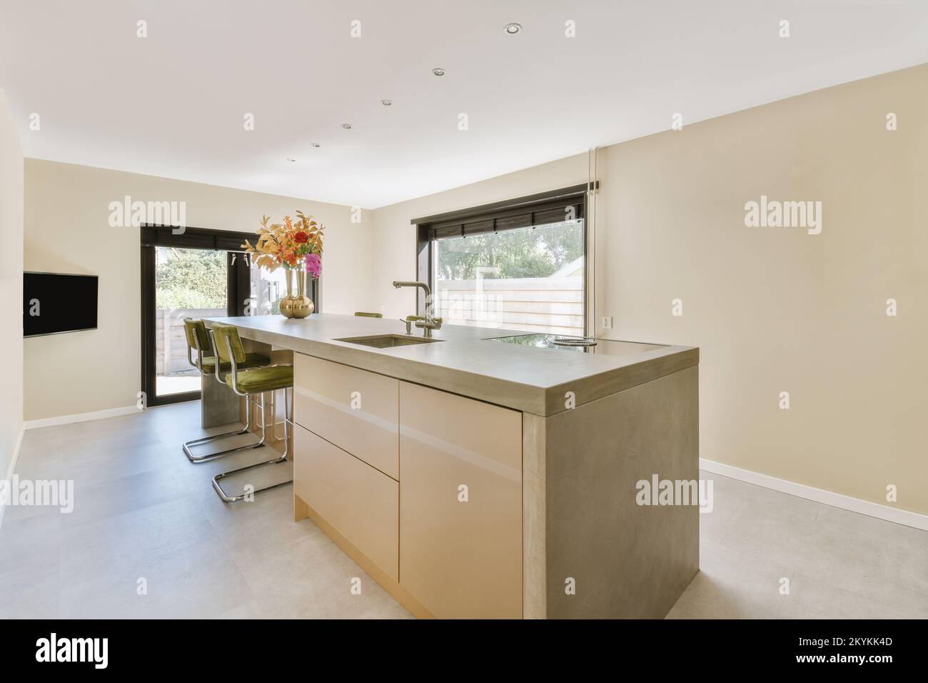 Interior design of spacious empty studio apartment with large windows ...