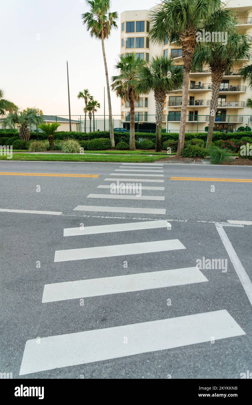 Destin, Florida- Pedestrian lane on a road with double yellow lanes ...