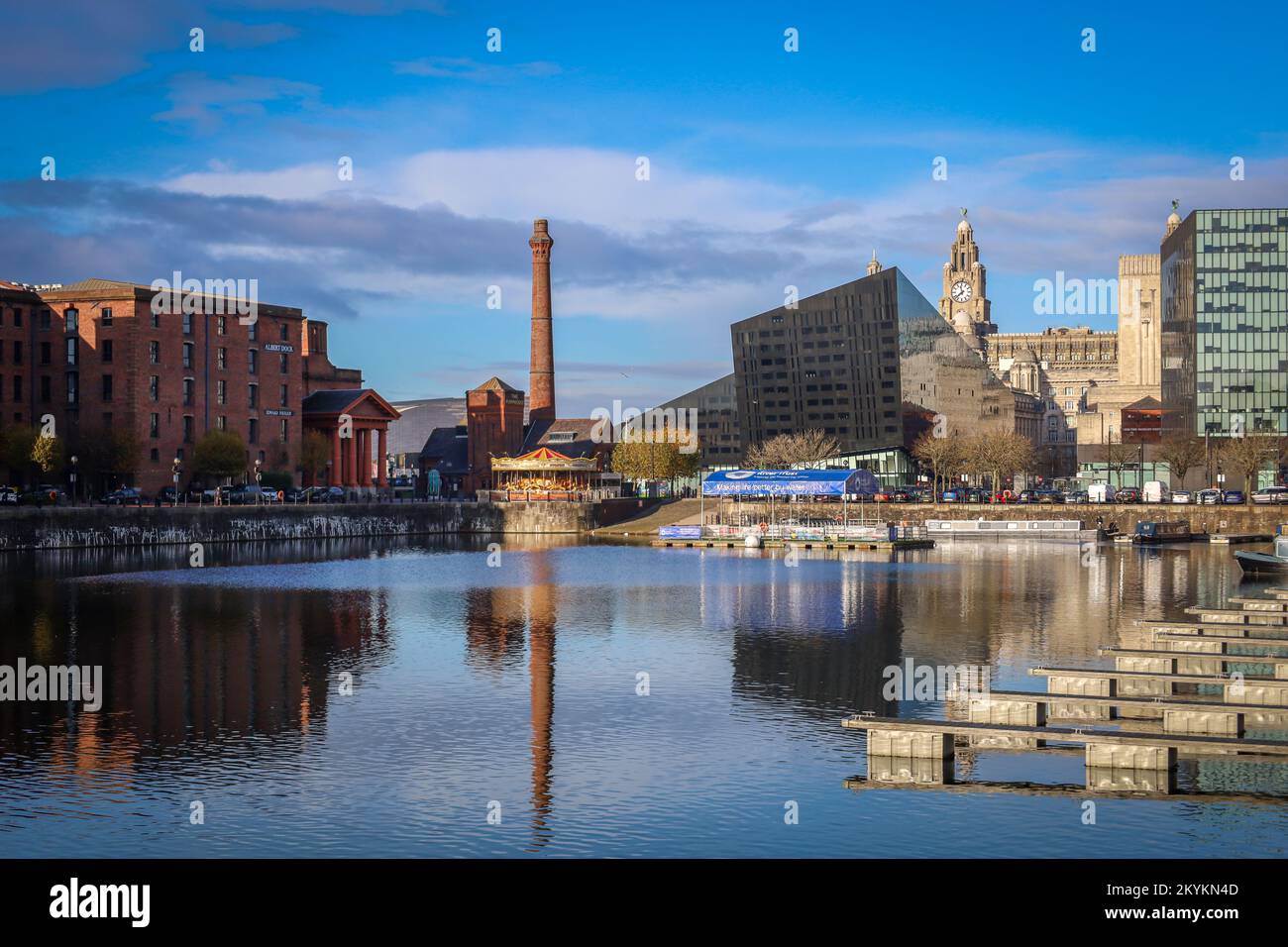 Liverpool Royal Albert Dock, Sunshine, blue sky and water reflection ...