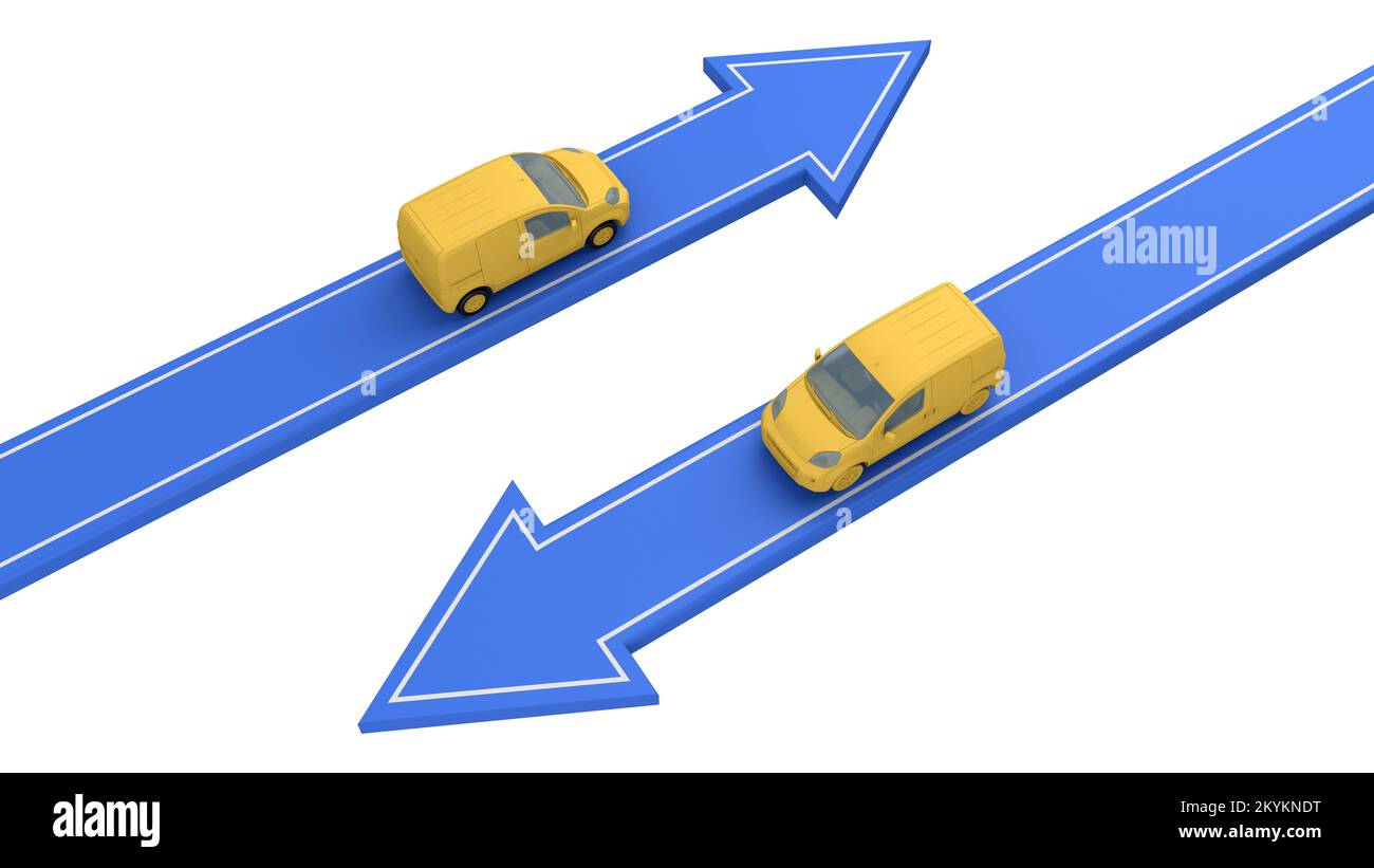 yellow vans go in different directions on arrows isolated on white ...