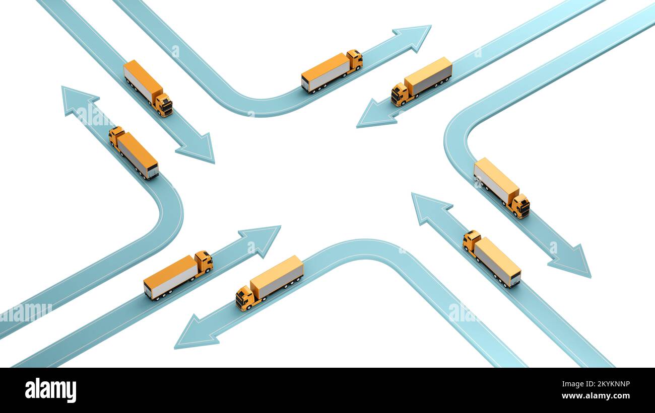 long truck on arrows of different directions isolated on white. 3d ...