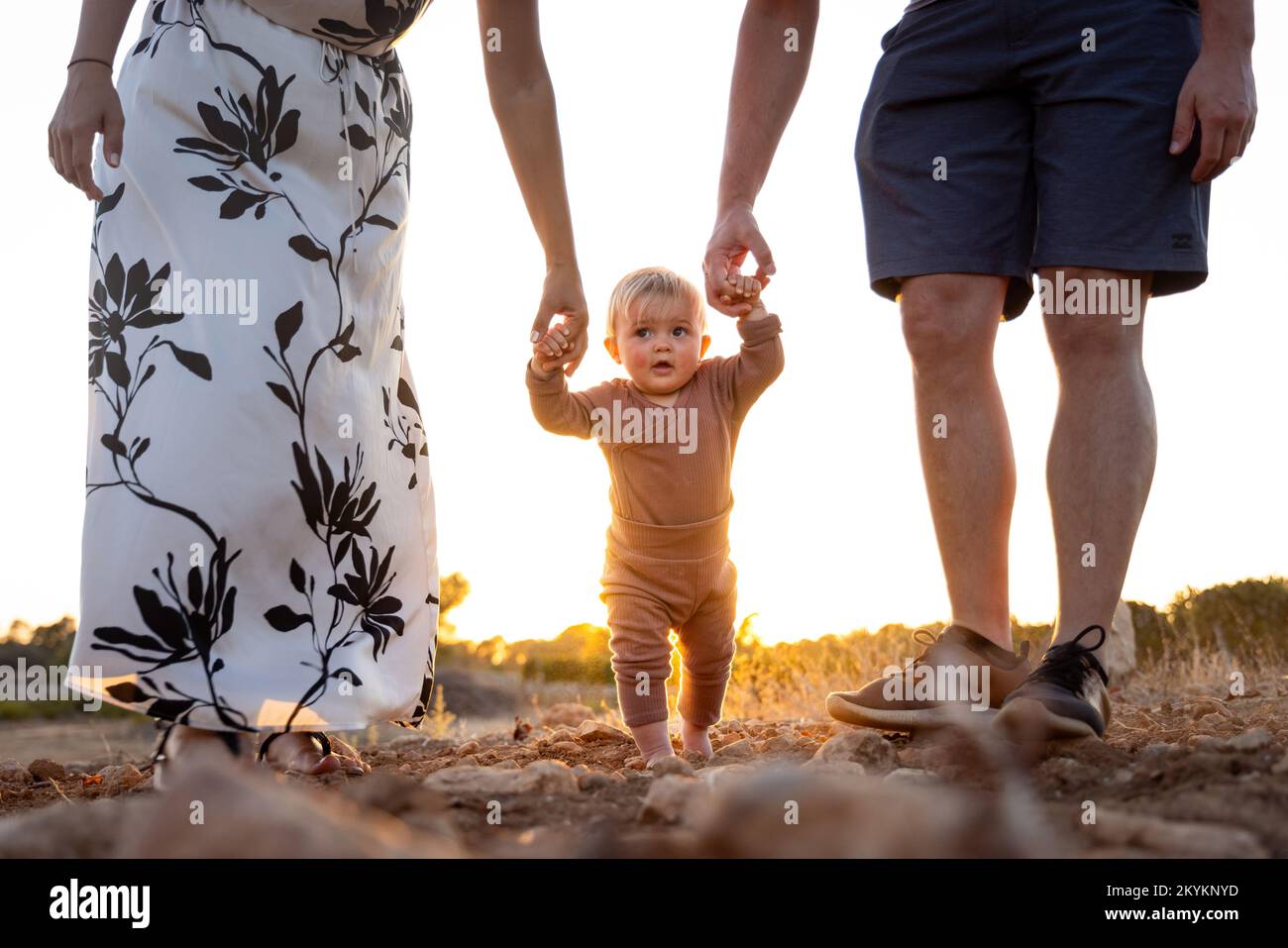 Baby girl learning how to walk with the help of her parents Stock Photo ...
