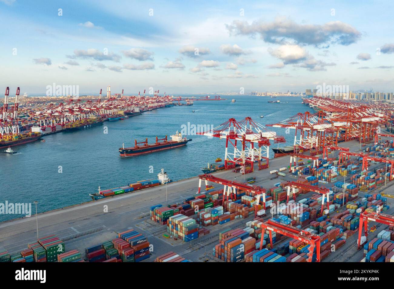 Aerial photo shows the busy working scene of Qianwan Container Terminal ...