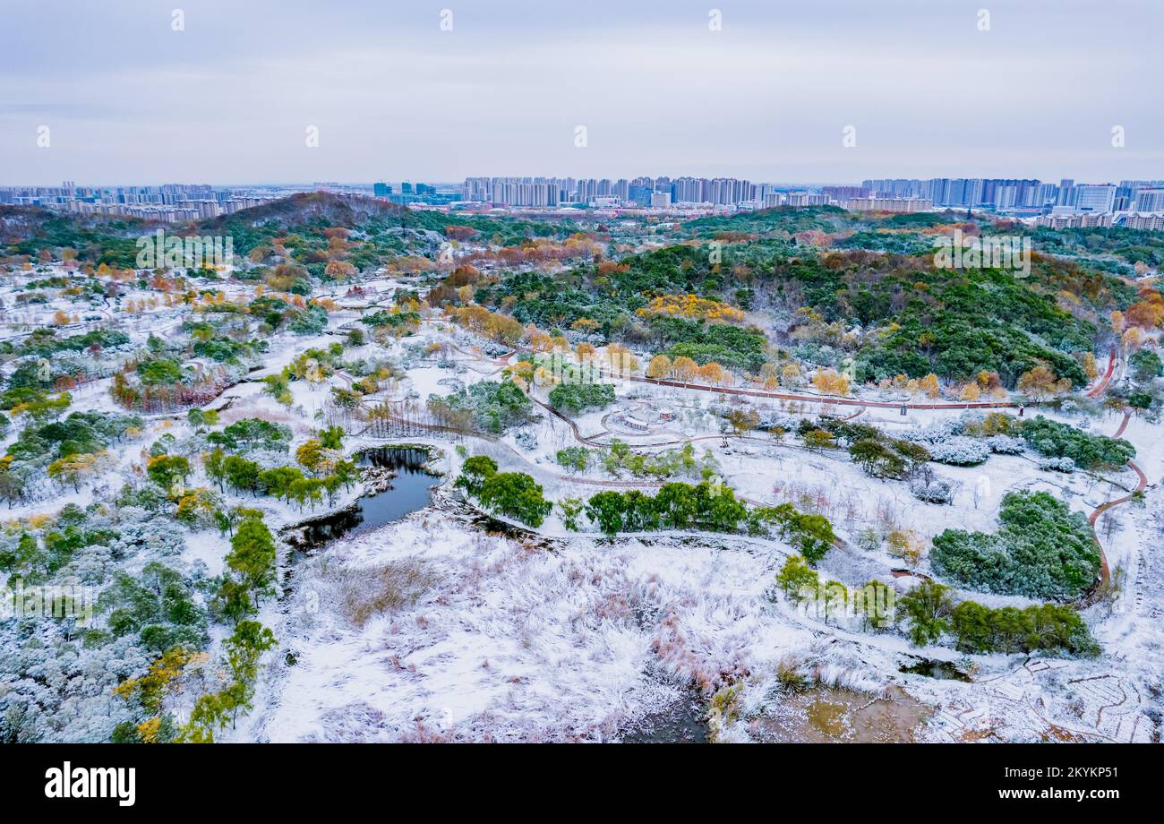 Aerial photo shows the beautiful scenery of Shenshan Park after Snow in ...