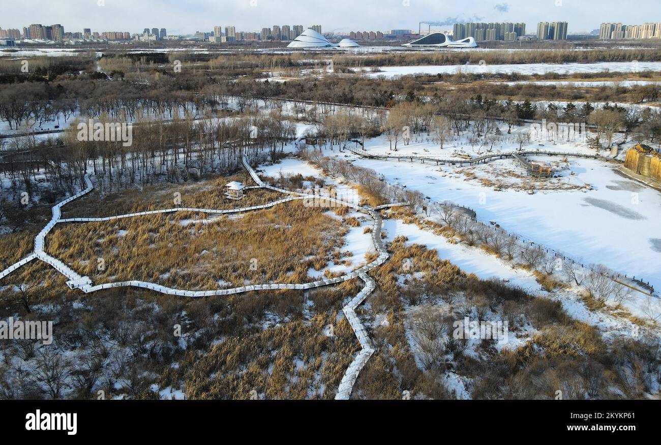 Aerial photo shows the snow scenery of Taiyang Island Scenic Area ...