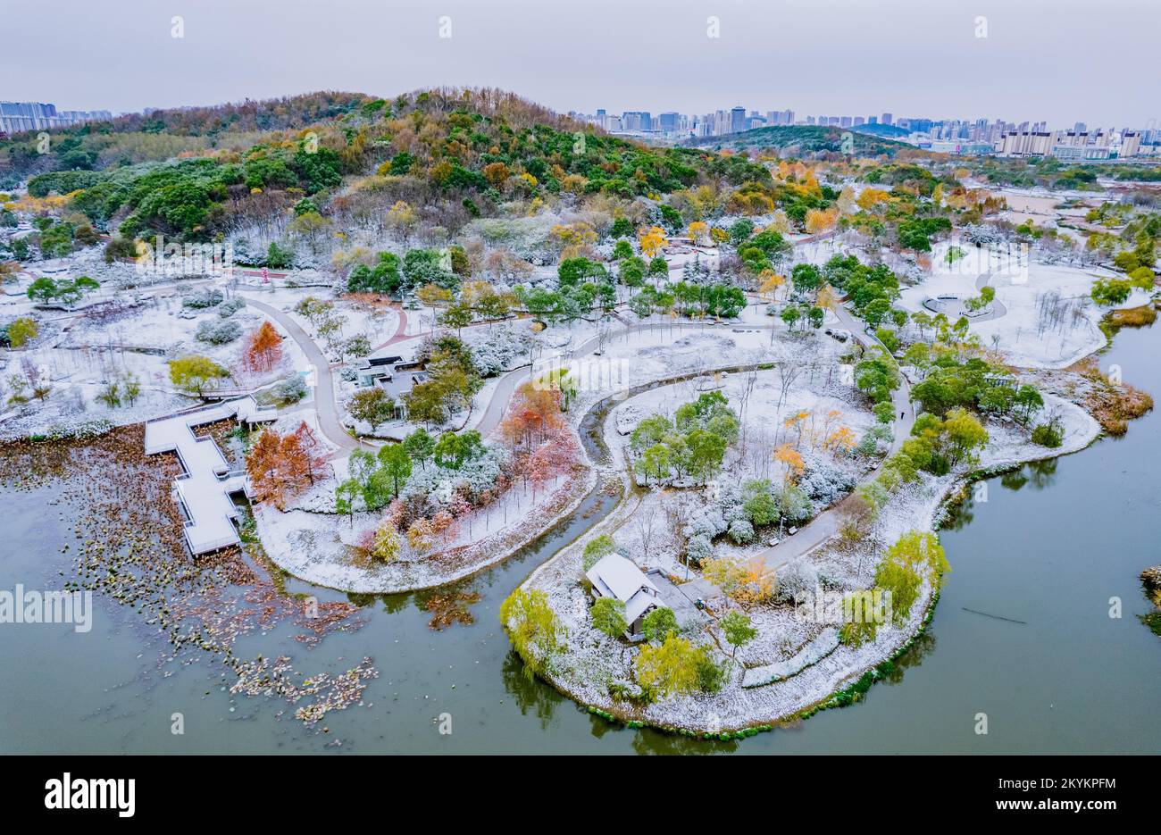 Aerial photo shows the beautiful scenery of Shenshan Park after Snow in ...