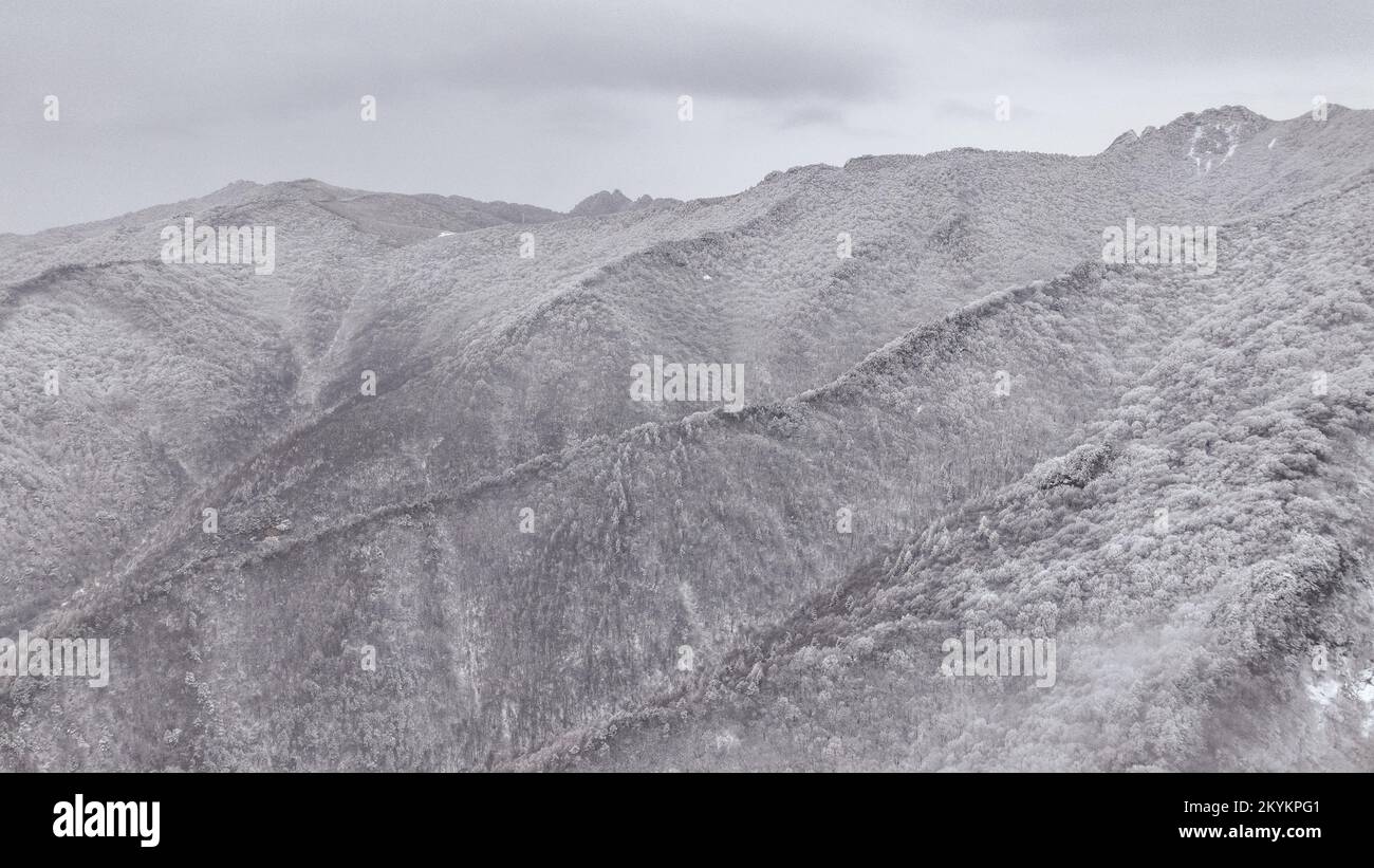 Aerial photo shows the snow scenery near the drainage divide of Qinling ...