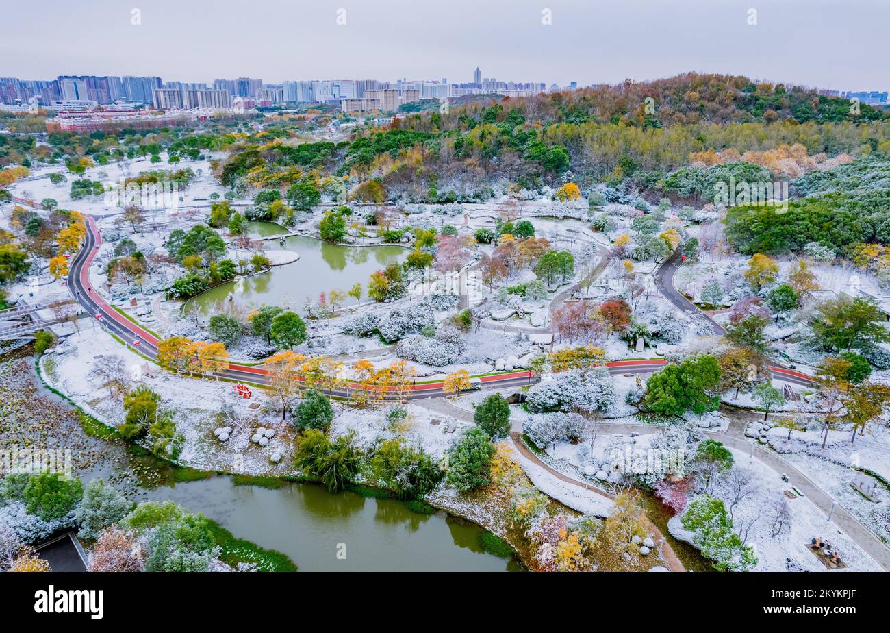 Aerial photo shows the beautiful scenery of Shenshan Park after Snow in ...