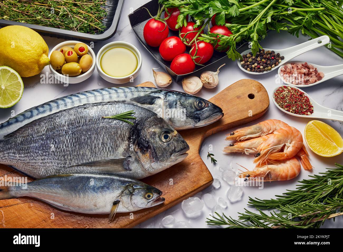 Fresh Fish Food background. Different seafood, shrimps and red caviar ...