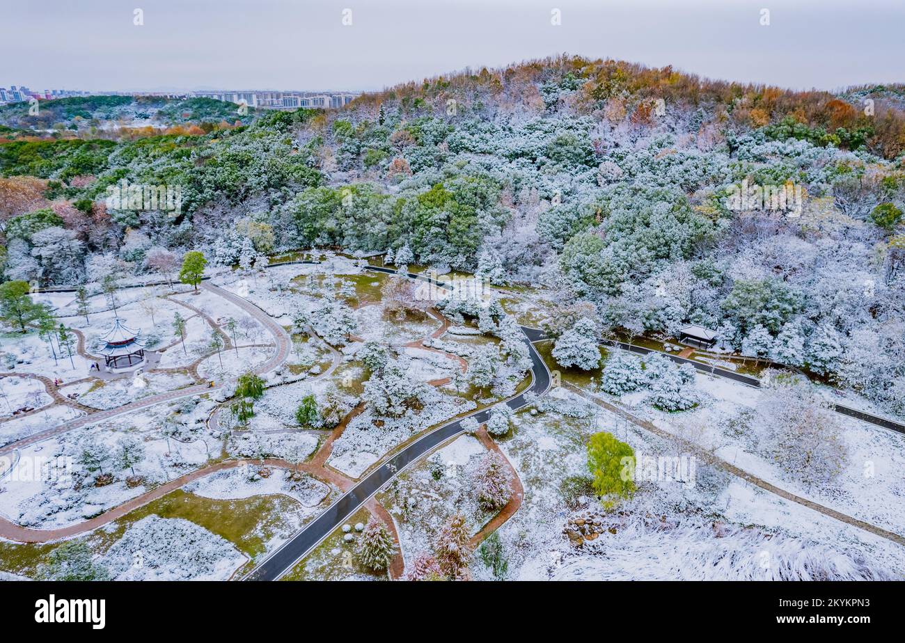 Aerial photo shows the beautiful scenery of Shenshan Park after Snow in ...