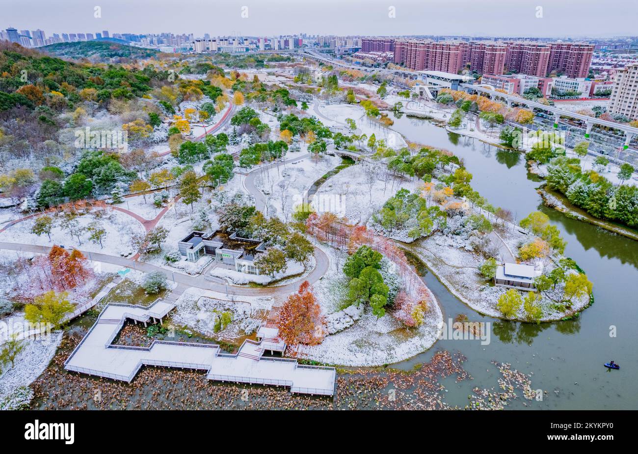 Aerial photo shows the beautiful scenery of Shenshan Park after Snow in ...