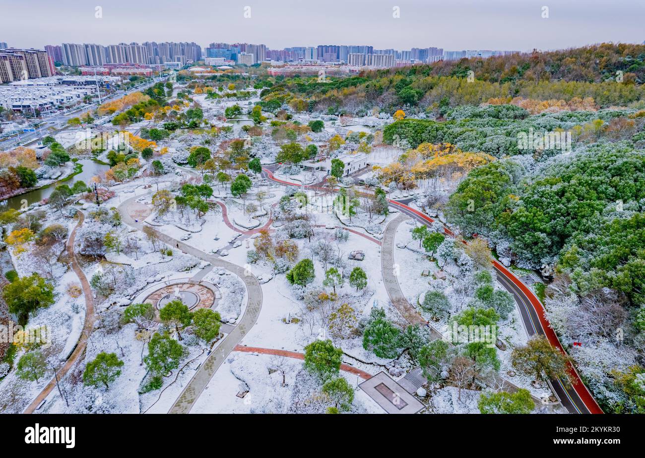 Aerial photo shows the beautiful scenery of Shenshan Park after Snow in ...