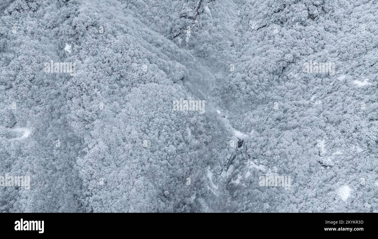 Aerial photo shows the snow scenery near the drainage divide of Qinling ...
