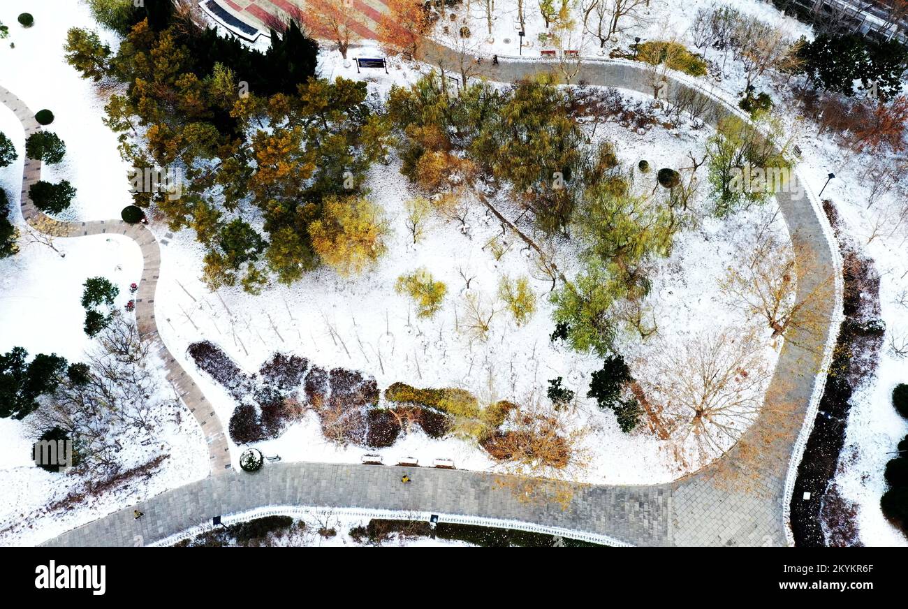 Aerial photo shows the snow scenery of Huanghailvzhou Park in Penglai ...