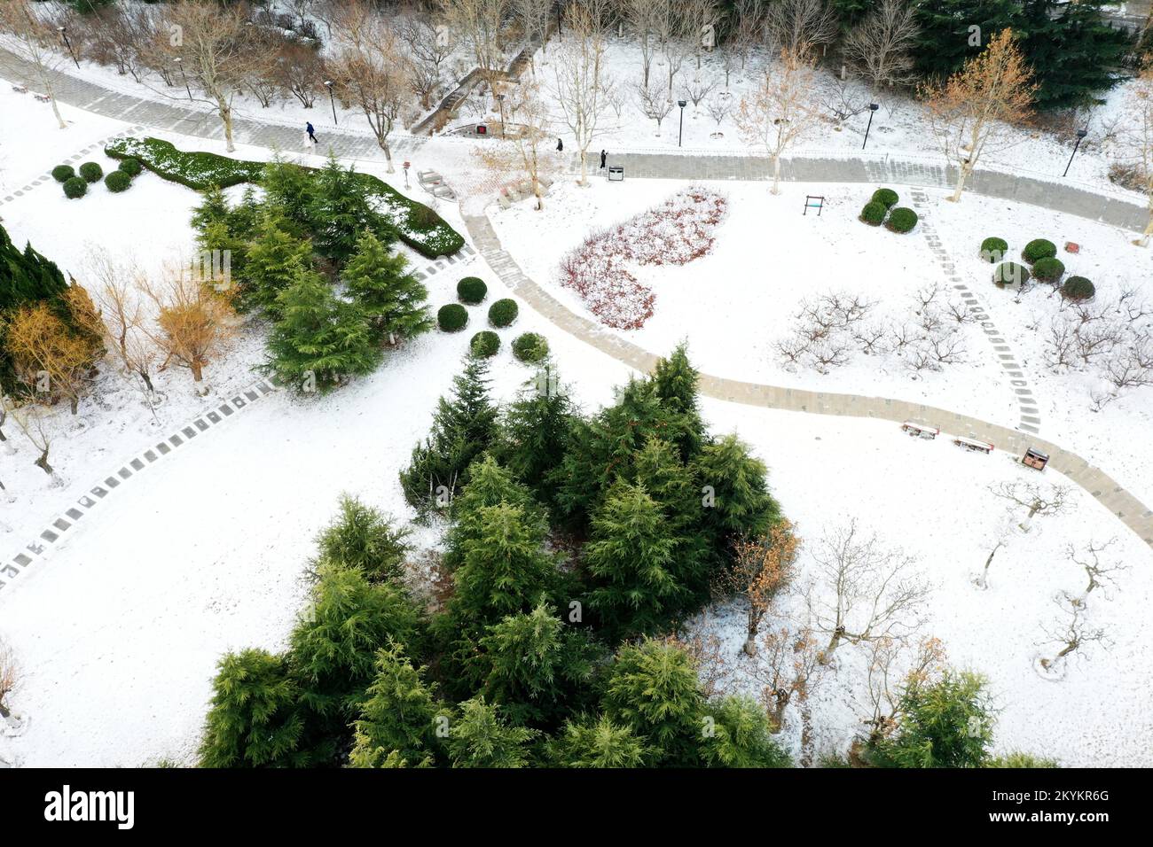 Aerial photo shows the snow scenery of Huanghailvzhou Park in Penglai ...
