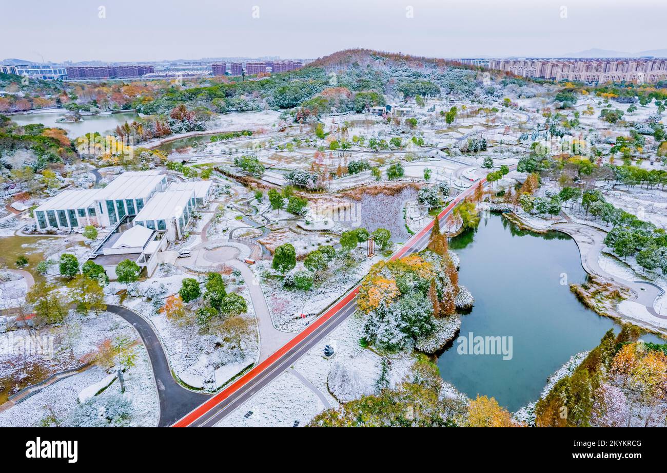 Aerial photo shows the beautiful scenery of Shenshan Park after Snow in ...