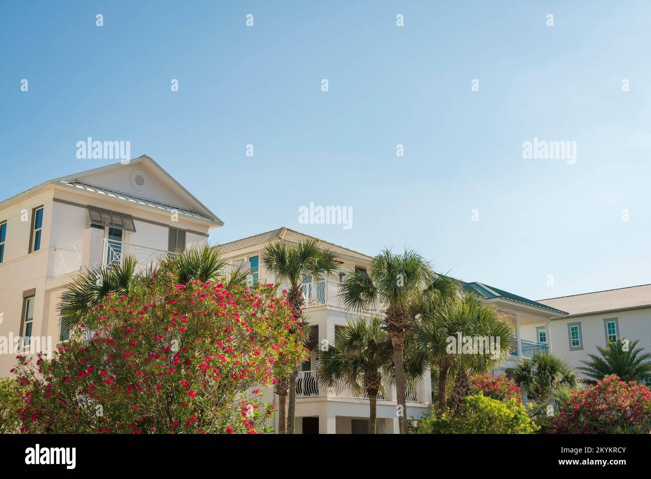 Destin, Florida- Tropical and flowering plants at the front of three ...