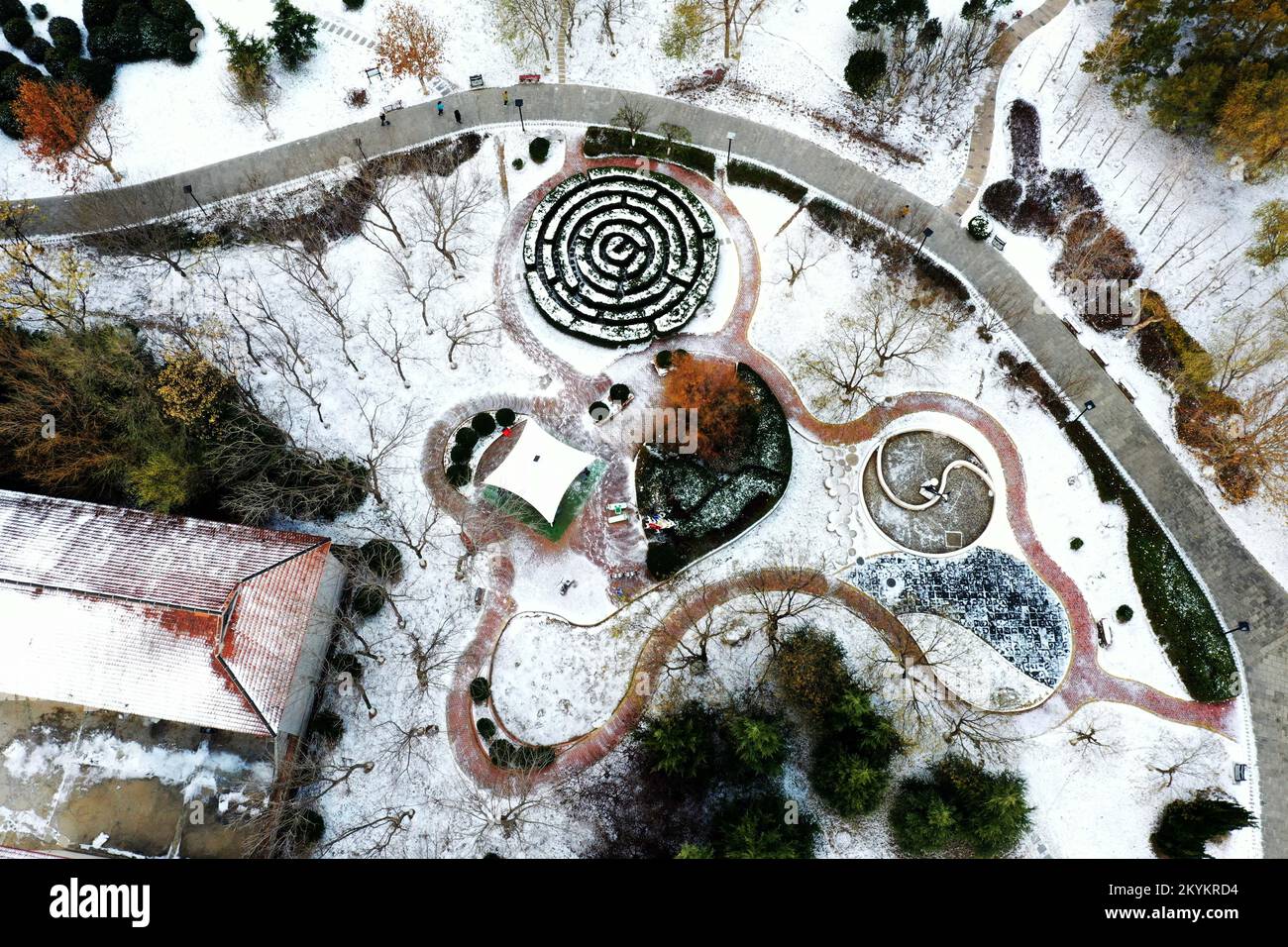 Aerial photo shows the snow scenery of Huanghailvzhou Park in Penglai ...