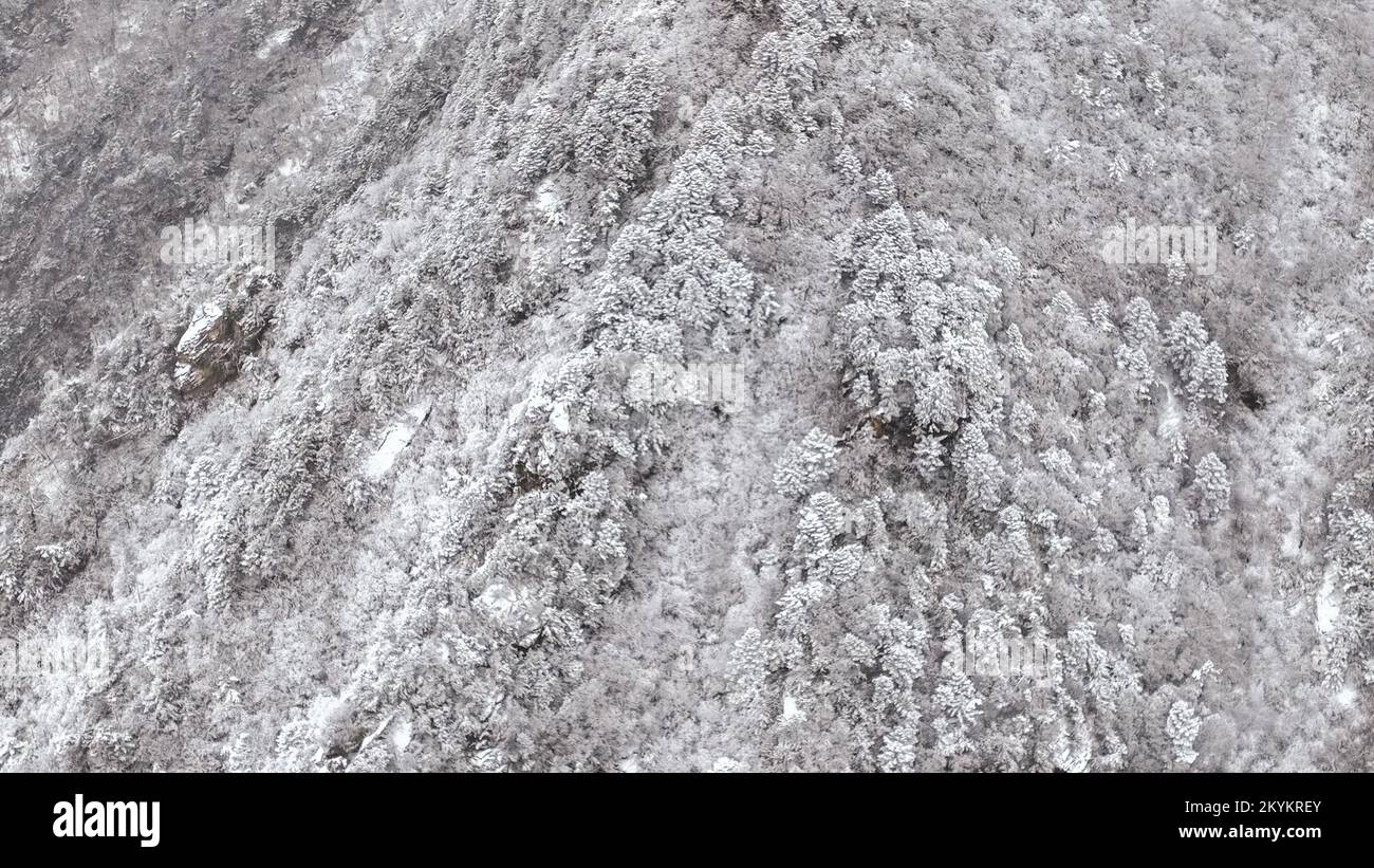Aerial photo shows the snow scenery near the drainage divide of Qinling ...
