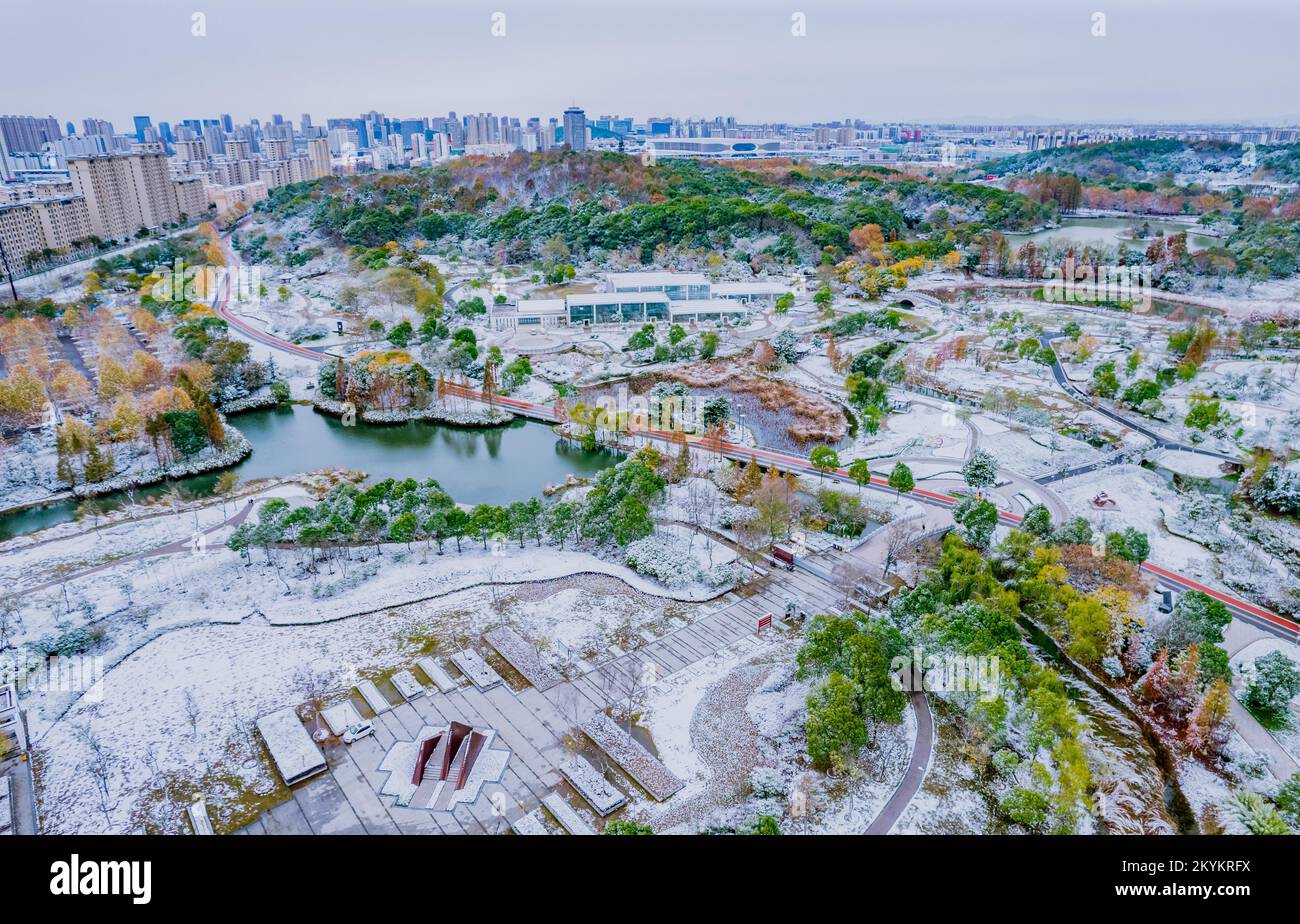 Aerial photo shows the beautiful scenery of Shenshan Park after Snow in ...