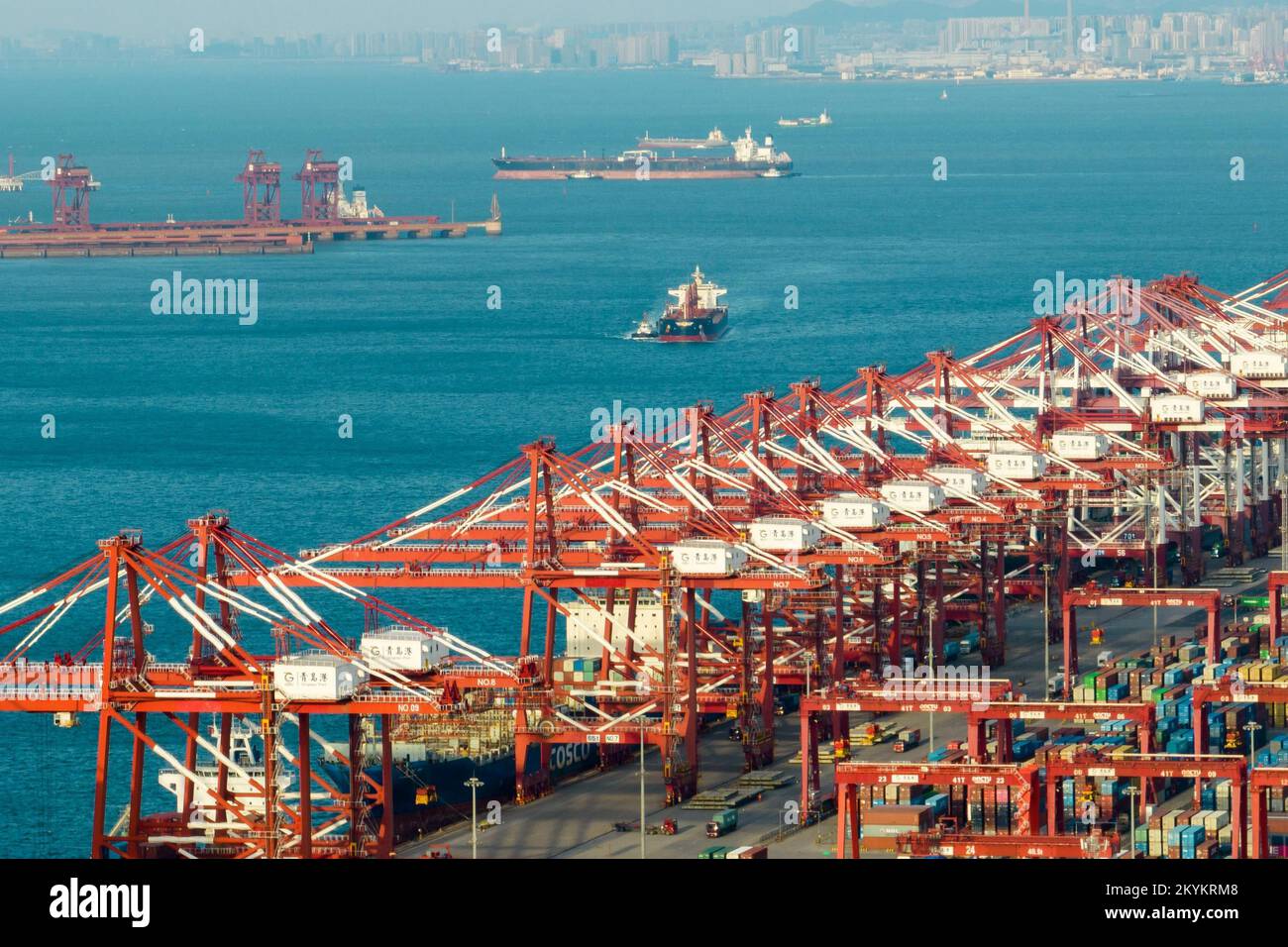 Aerial photo shows the busy working scene of Qianwan Container Terminal ...