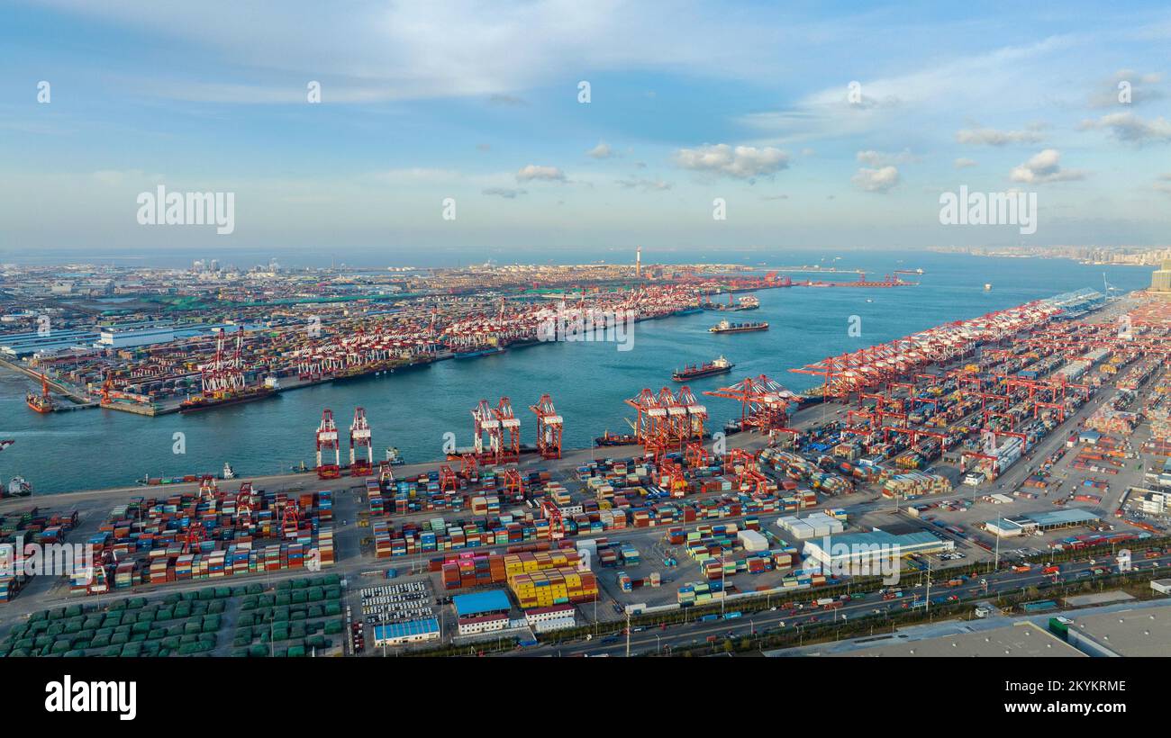 Aerial photo shows the busy working scene of Qianwan Container Terminal ...