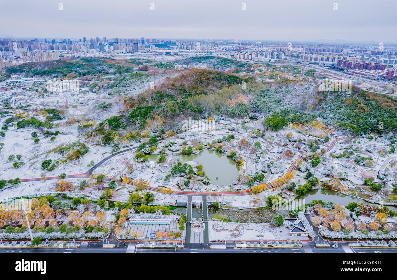 Aerial photo shows the beautiful scenery of Shenshan Park after Snow in ...