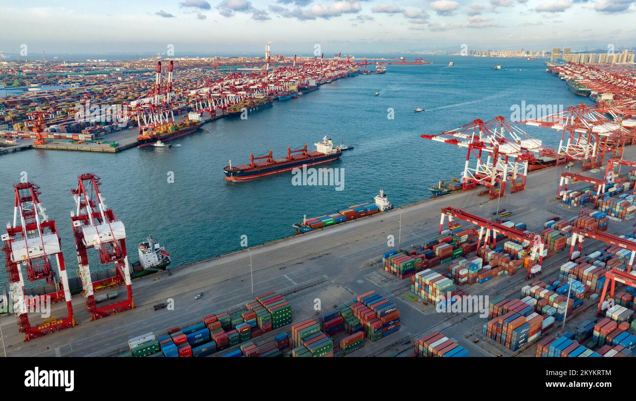 Aerial photo shows the busy working scene of Qianwan Container Terminal ...